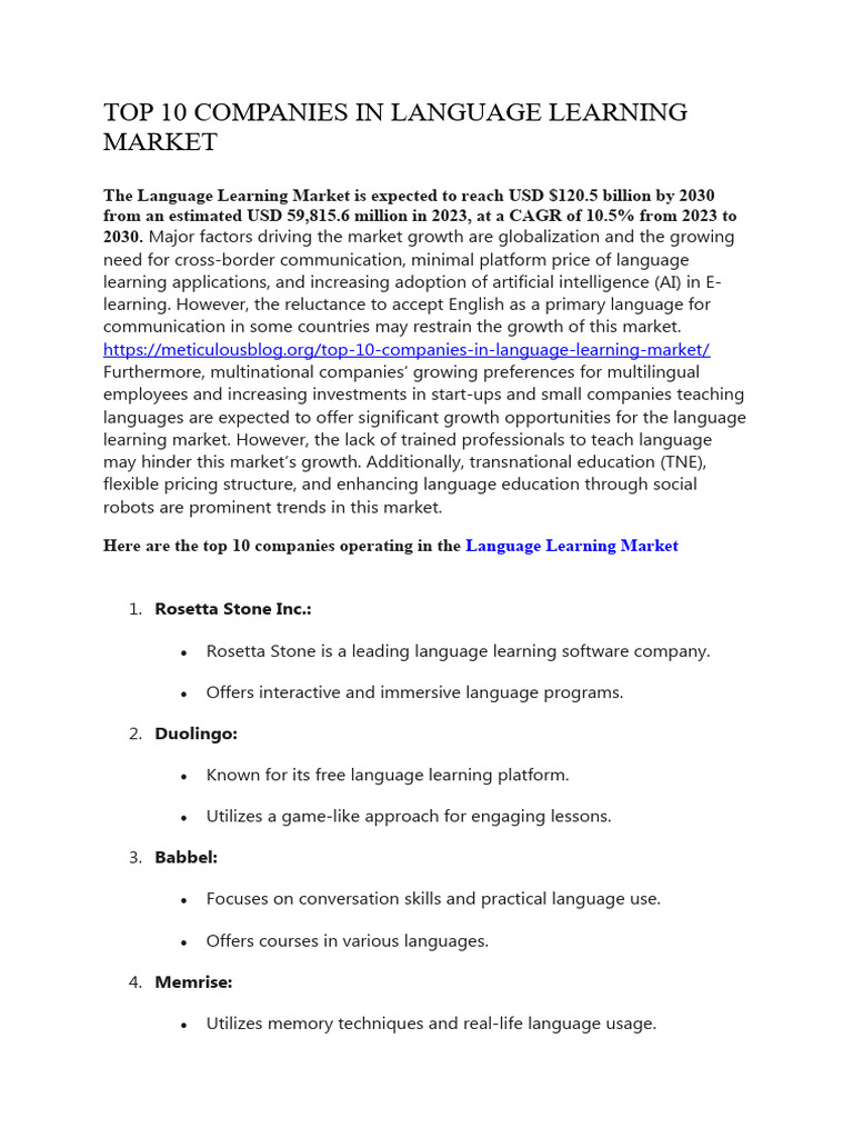 Top 10 Companies in Language Learning Market | PDF | Language ...
