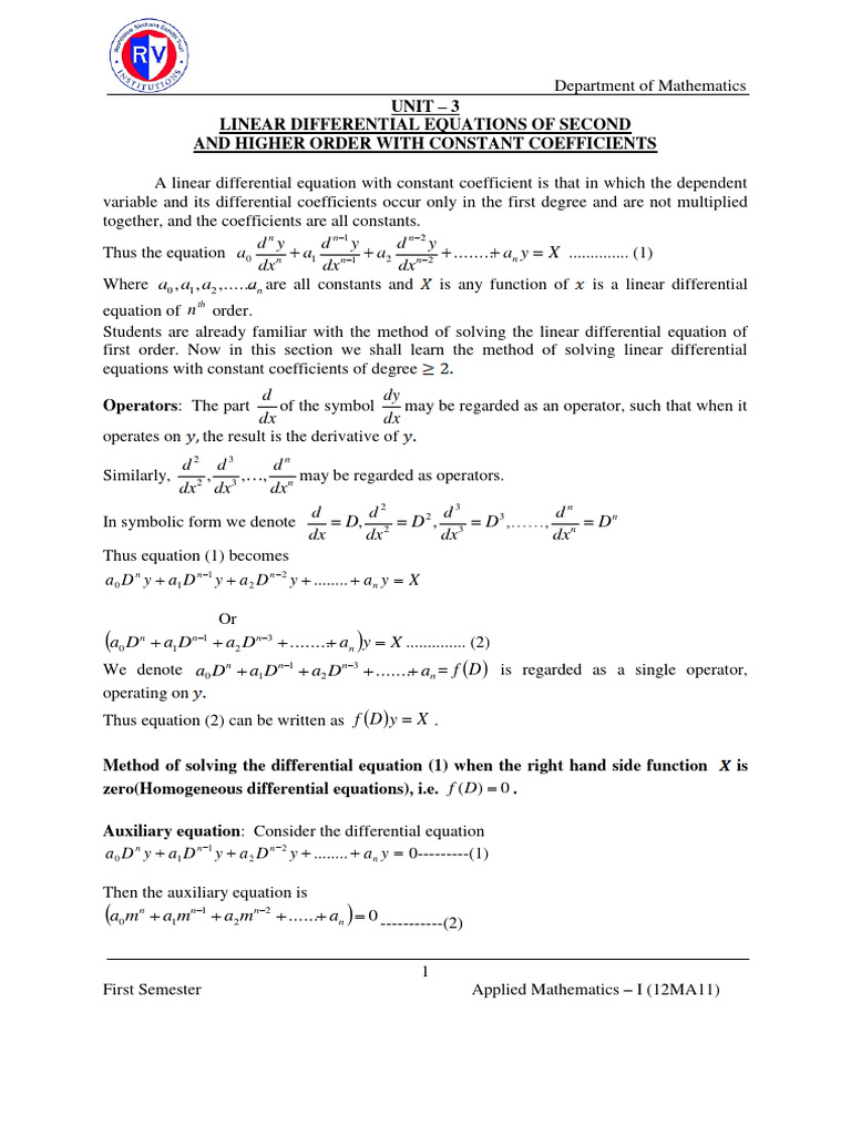 Unit 3 Differential Equation Pdf Equations Mathematical Objects