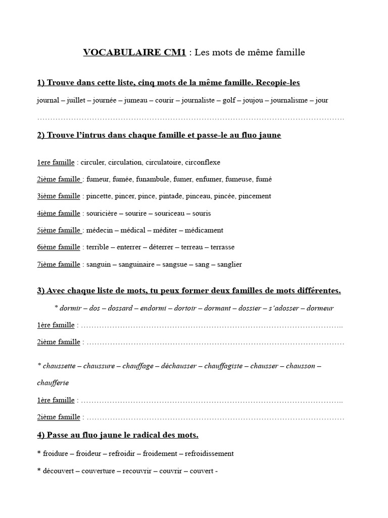 Travail Vocabulaire CM1 Les Familles de Mots | PDF | Études des langues ...