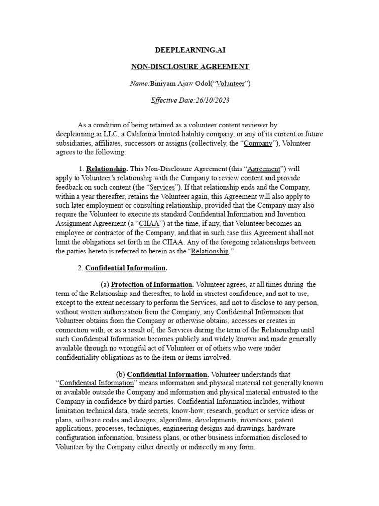 Deeplearning - Volunteer NDA | PDF | Trade Secret | Non Disclosure ...