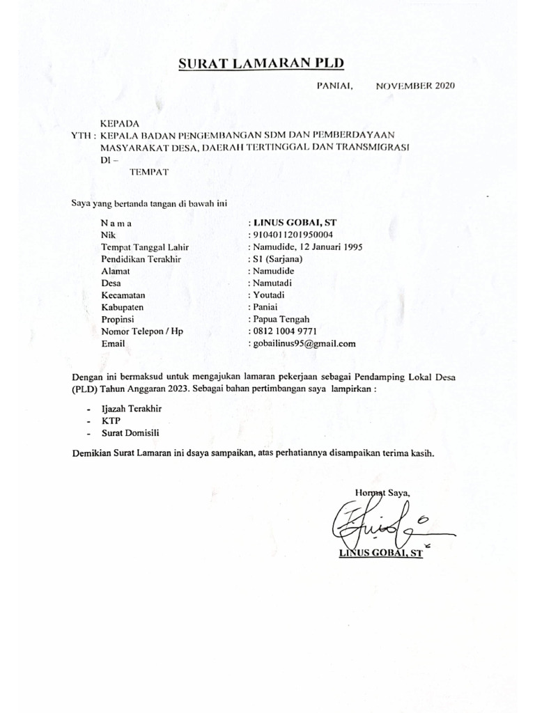 Surat Lamaran PLD Linus G | PDF