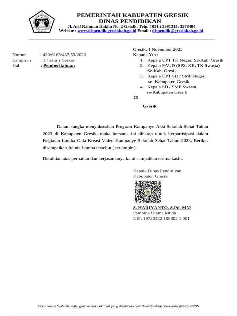 Surat Juknis Lomba Gala Kreasi Video Sekolah Sehat Kab Gresik 2023 | PDF