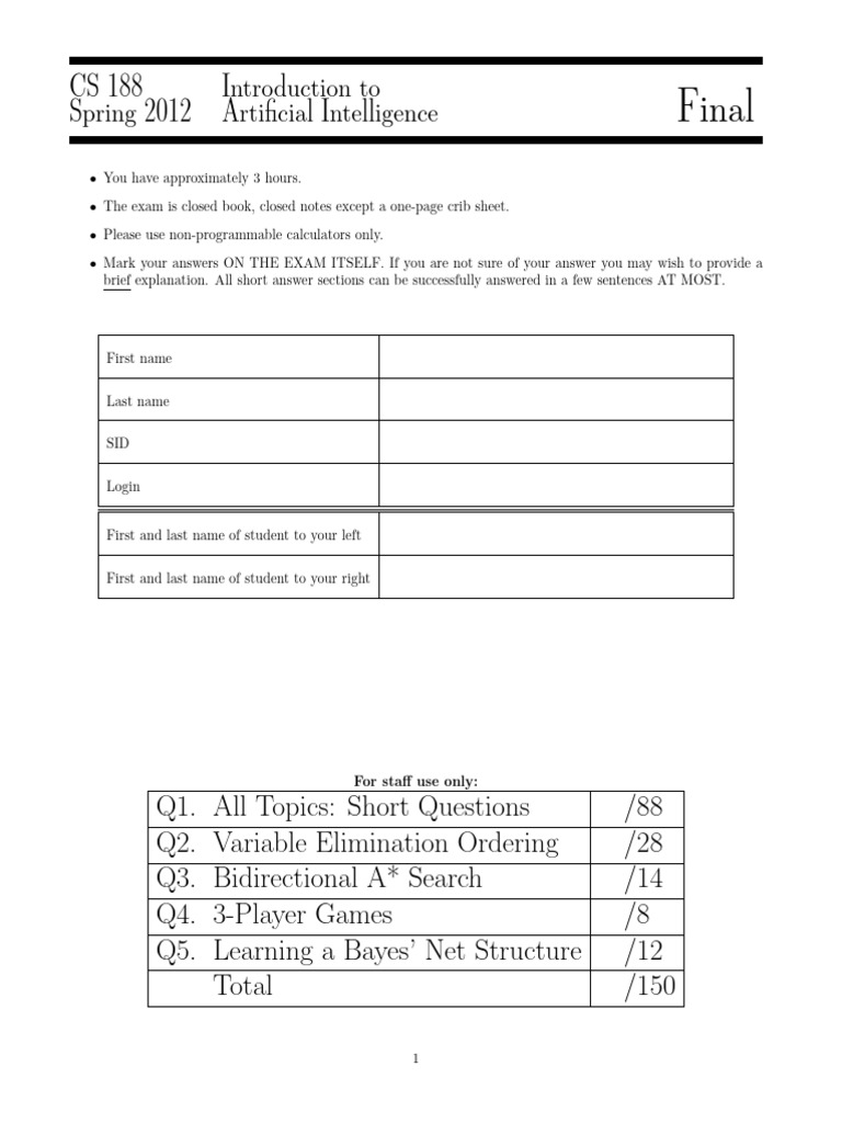 AI_sp12_final_solutions | PDF | Theoretical Computer Science | Applied Mathematics