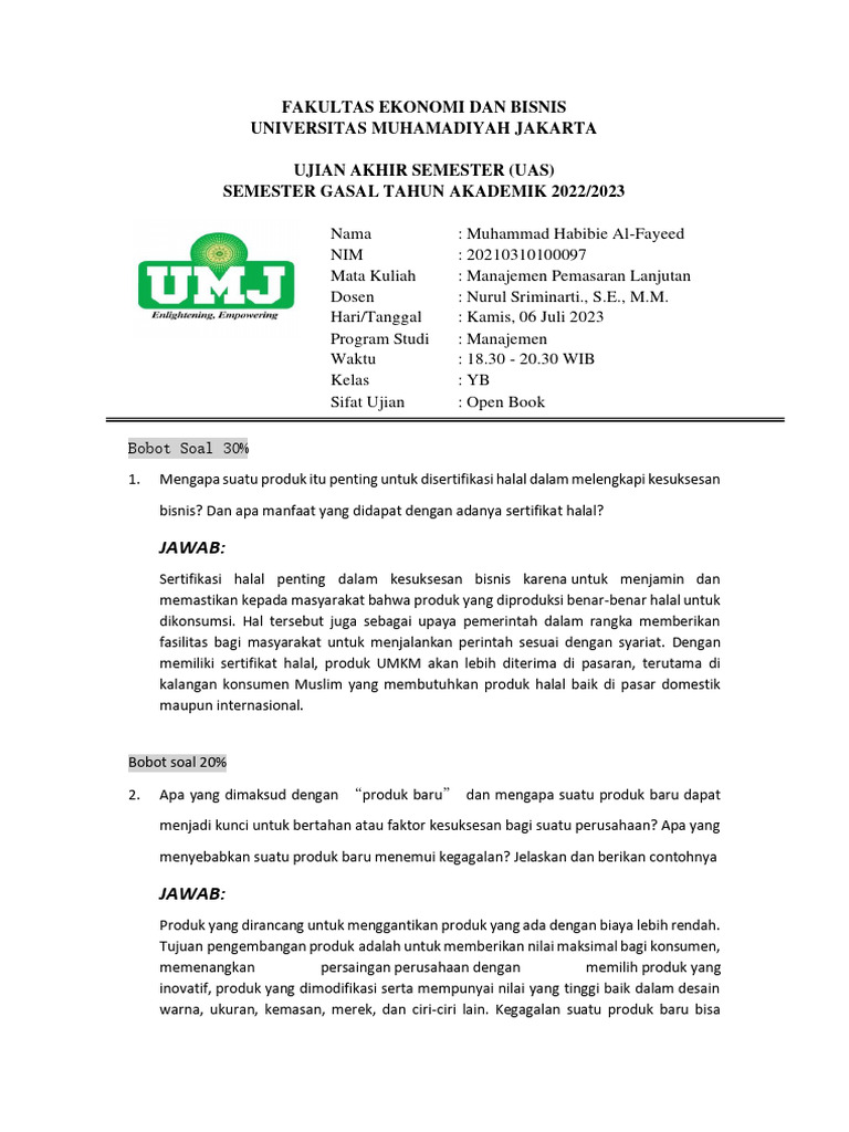 UAS Manajemen Pemasaran Lanjutan - Habibie (20210310100097) | PDF
