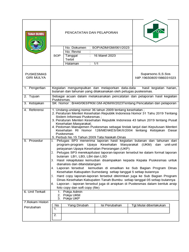SOP pencatatan dan pelaporan | PDF