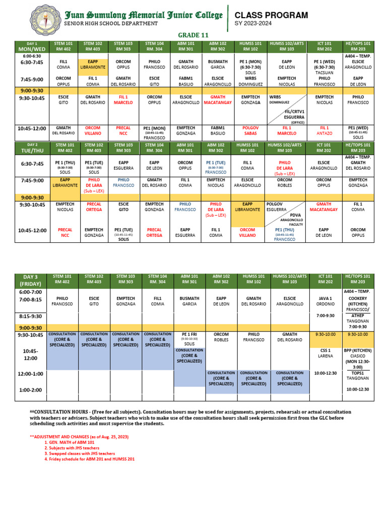 Class Program Schedule g11 | PDF