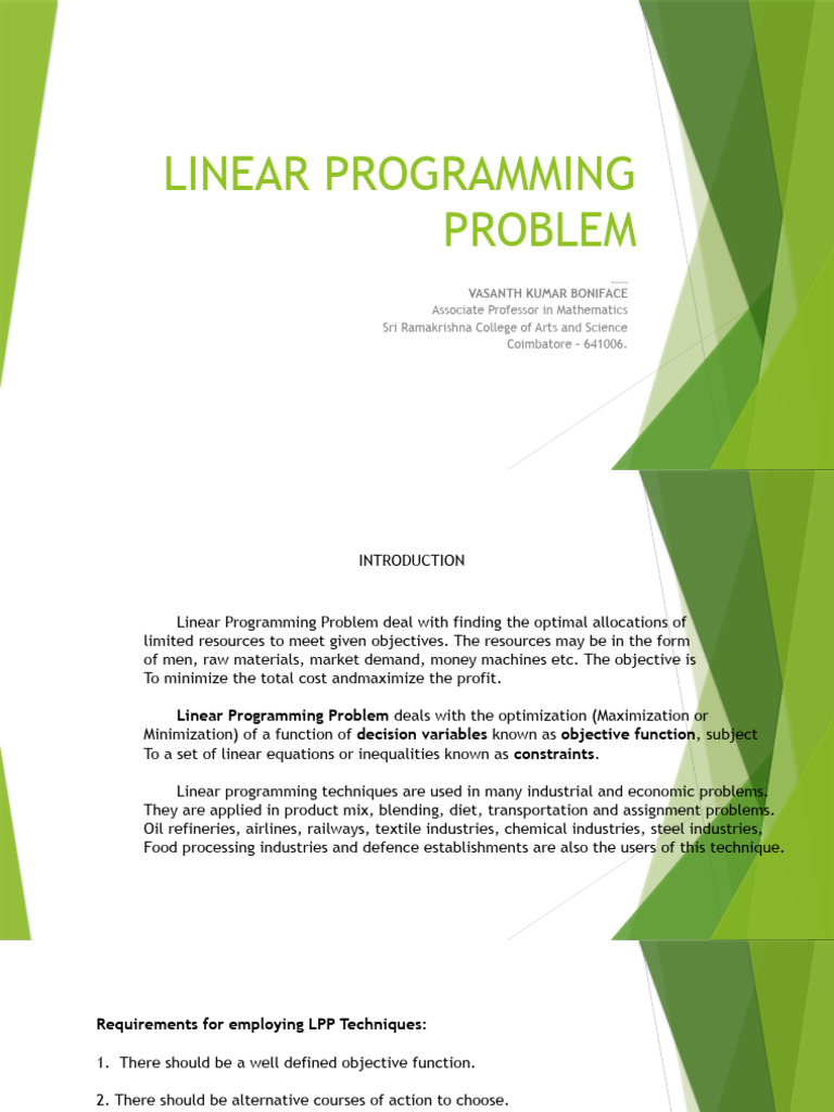 Lpp Linear Programming Problem Pdf Mathematical Optimization