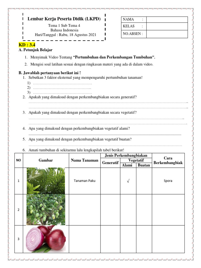 LKPD Bahasa Indonesia Kelas 3 Tema 1 Sub | PDF