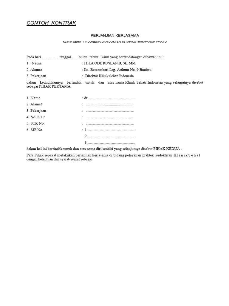 Draf Perjanjian Kerjasama Klinik Sehati Dan Dokter Pdf