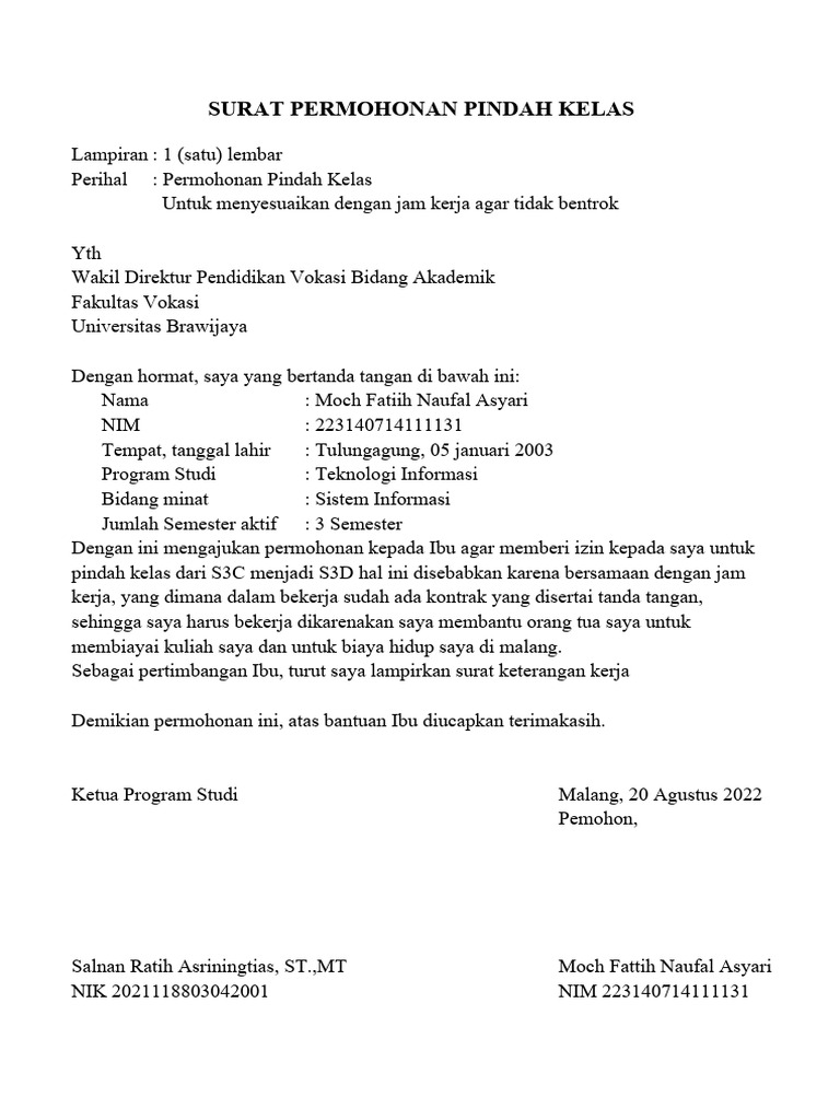 Surat Permohonan Pindah Kelas Kuliah | PDF
