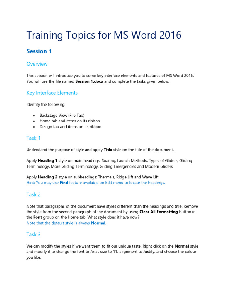 MS Word 2016 Training Session Guide | PDF | Gliding | Microsoft Word