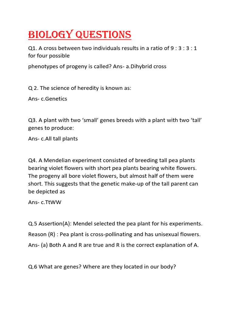 Biology Questions | PDF | Dominance (Genetics) | Gene