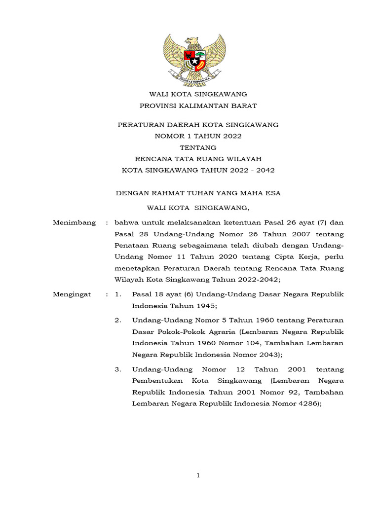 Salinan Final Perda RTRW Nomor 1 Tahun 2022 | PDF