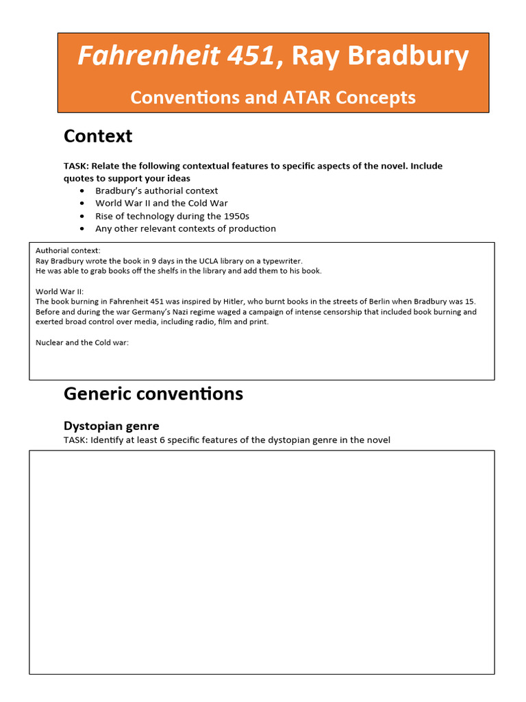Fahrenheit 451-Conventions and ATAR Concepts W-S | PDF | Attitude ...