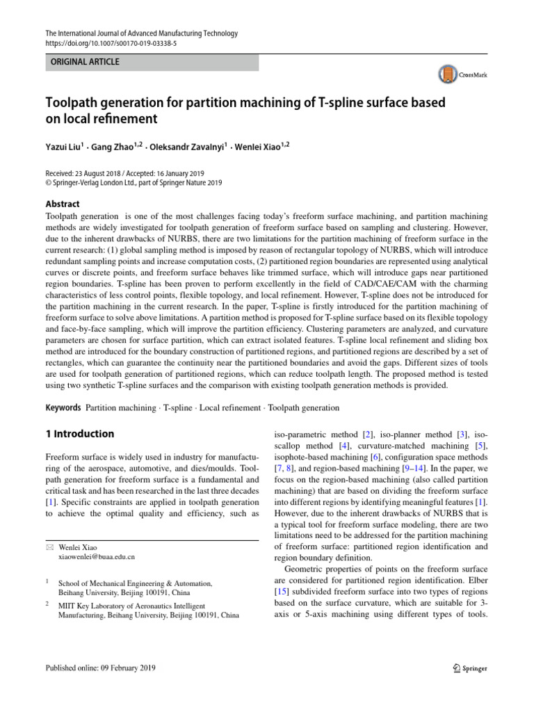 Toolpath Generation For Partition Machining Of T Spline Surface Based On Local Refinement Pdf