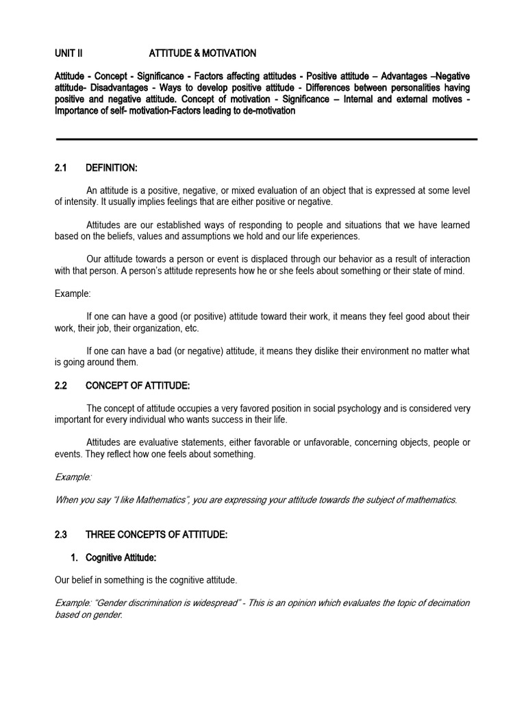 Unit II Attitude and Motivation | PDF | Attitude (Psychology) | Motivation