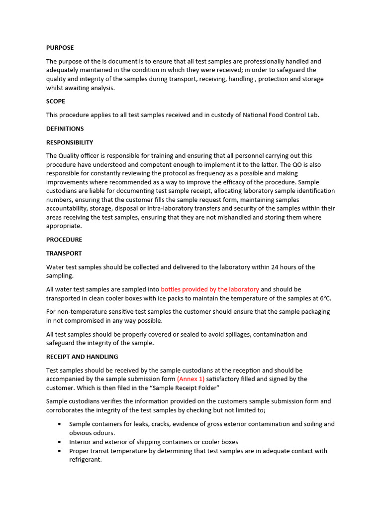 Sample Receipt Procedure | PDF | Laboratories | Refrigeration