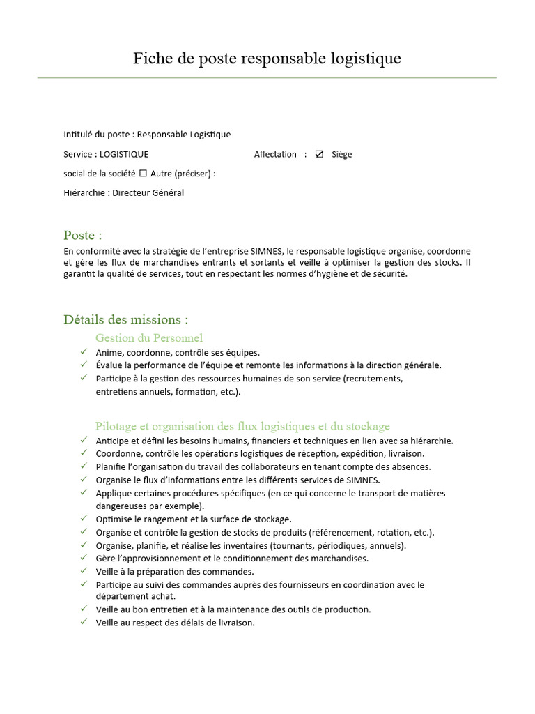 Fiche Poste Responsable Logistique (Gestion de Stock) | PDF | Logistique | Gestion des ...