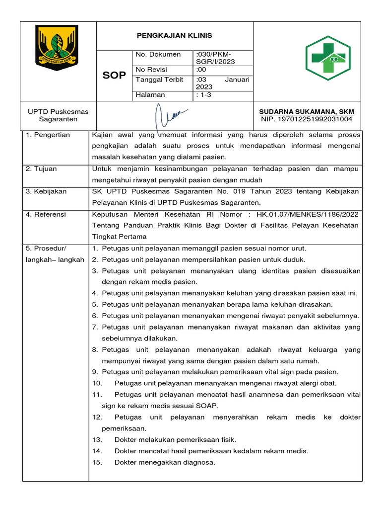 SOP Pengkajian Awal Klinis | PDF | Pengembangan Diri | Sains & Matematika