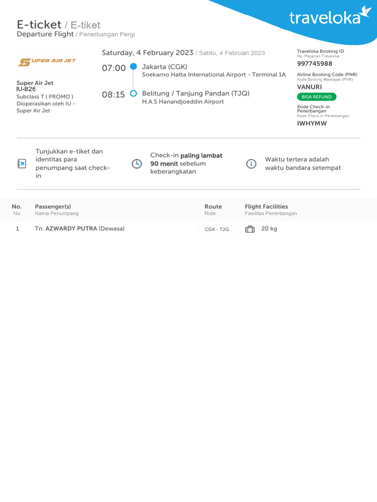 CGK Iwhymw TJQ Flight - Originating | PDF