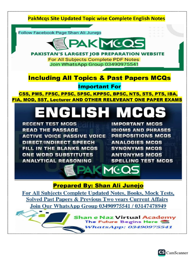 Pakmcqs - Site English Notes Sample by Shan Ali Junejo | PDF