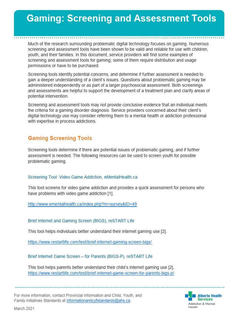 Gaming: Screening and Assessment Tools | PDF | Mental Disorder ...