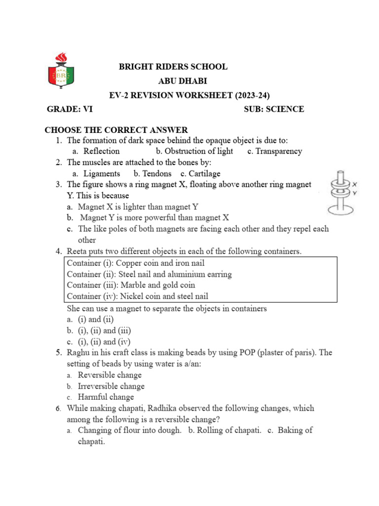 Class 6 Science Revision Worksheet | PDF | Magnet | Physical Sciences