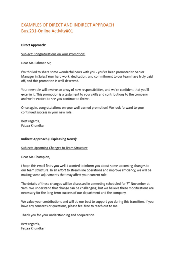 Direct - Indirect Writing Activity-Bus231 | PDF | Business