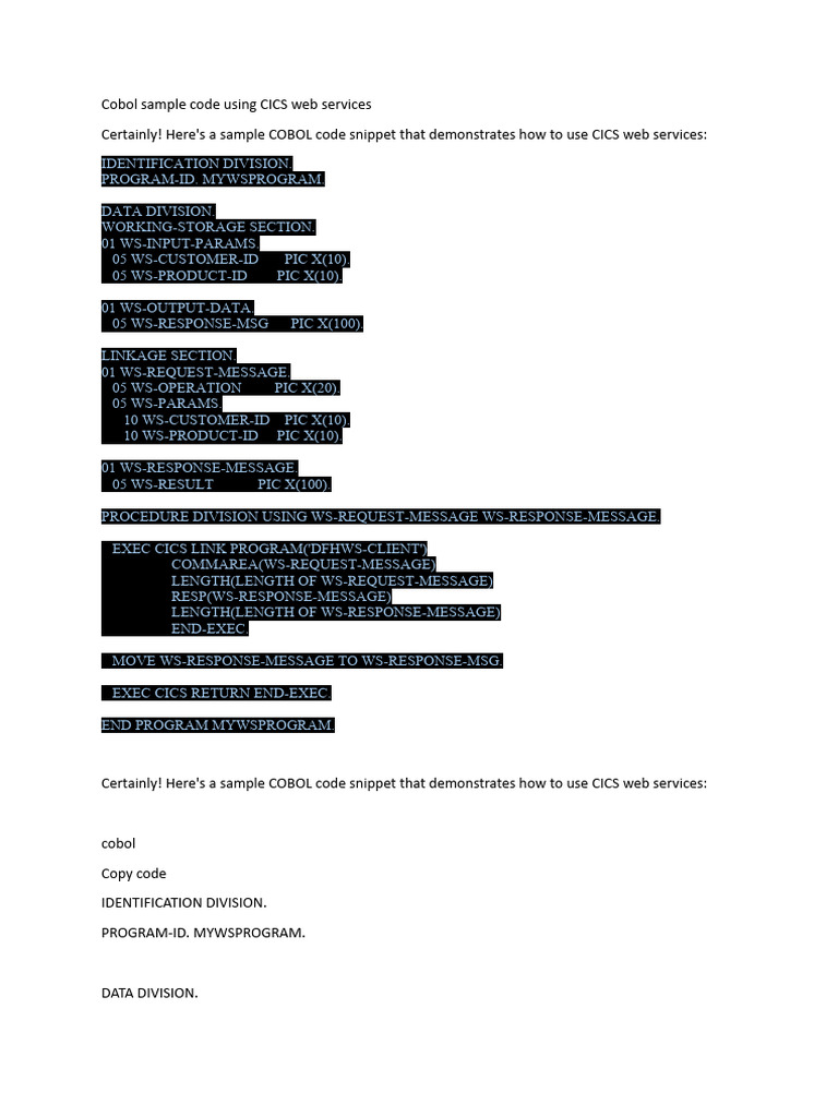 Cobol Sample Code Using CICS Web Services | PDF | Xml | Programming