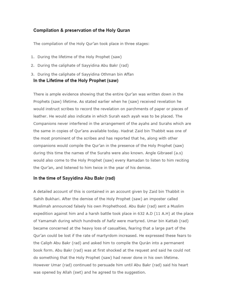 Lec2 Compilation Preservation of The Holy Quran | PDF | Quran | Islam