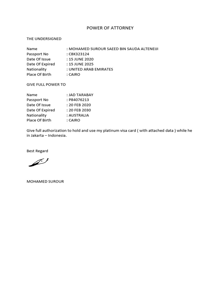Power of Attorney for Visa Card Use | PDF | Finance & Money Management ...