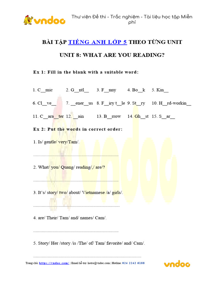 Bai Tap Tieng Anh Lop 5 Chuong Trinh Moi Unit 8 What Are You Reading | Download Free PDF | Vietnam