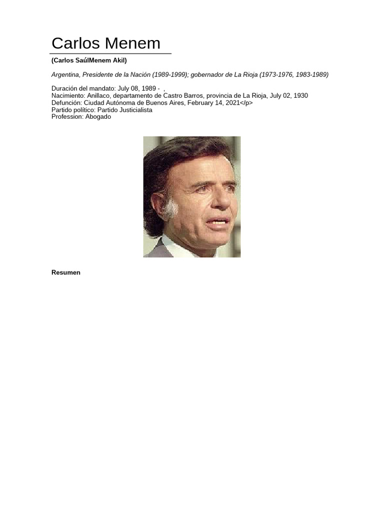 Carlos Menem: Presidencia y Legado | PDF | Argentina | Gobierno
