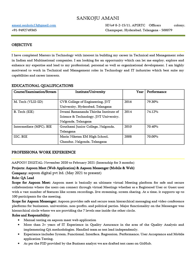 Amani Sankoju CV | PDF | Hardware Description Language | Software Testing