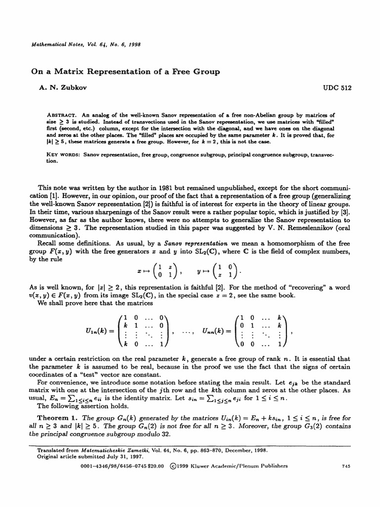 Zubkov Another Method Than That of The Sanov Representations of Free Groups | PDF | Group ...