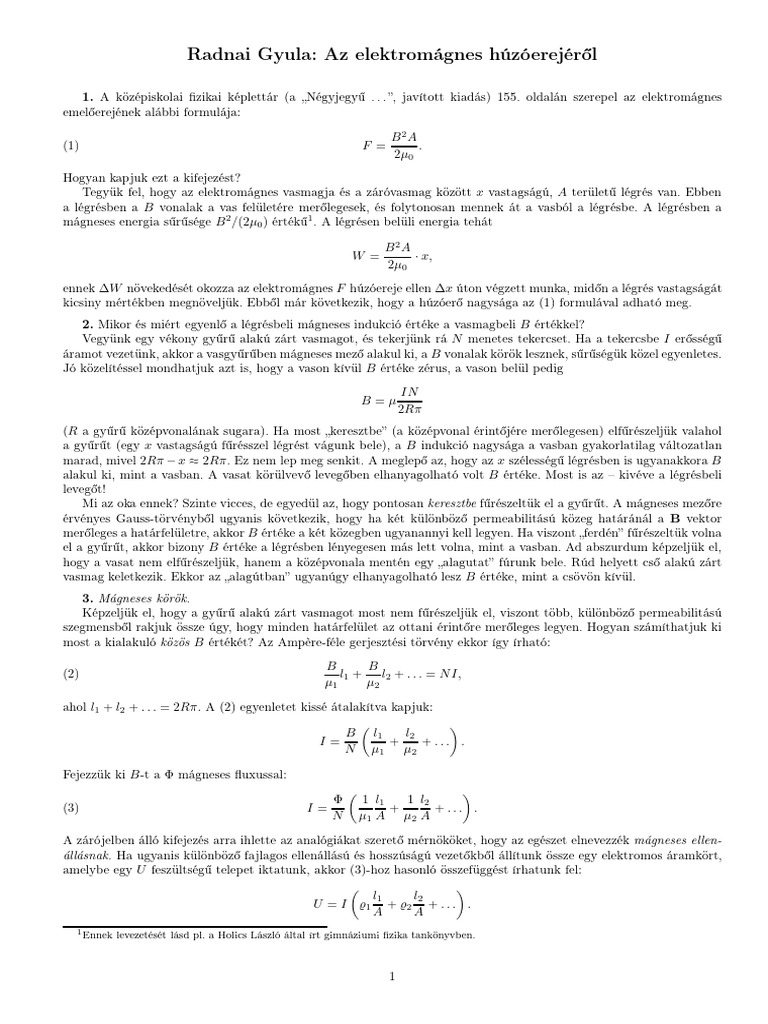 Radnai Gyula-Az Elektromagnes Huzoerejerol | PDF
