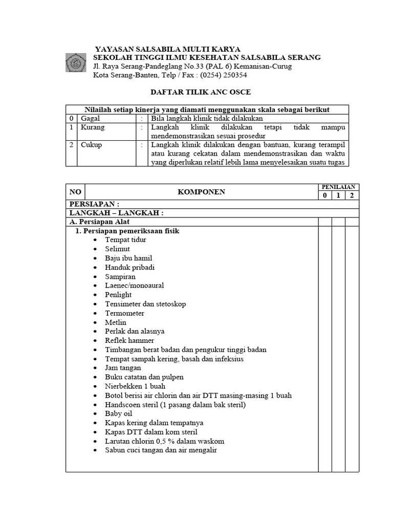 Daftar Tilik Anc Osce 2020-2021 | PDF