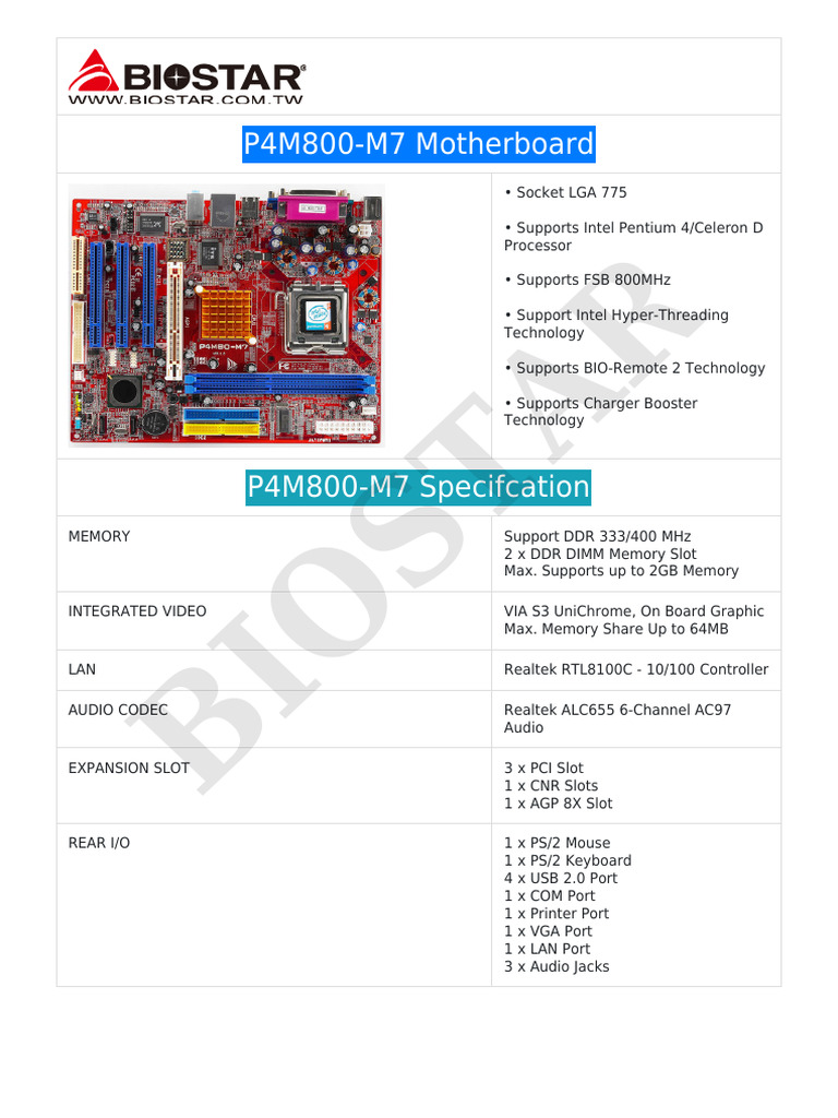 Biostar p4m800-m7 Spec | PDF | Computing | Computer Engineering