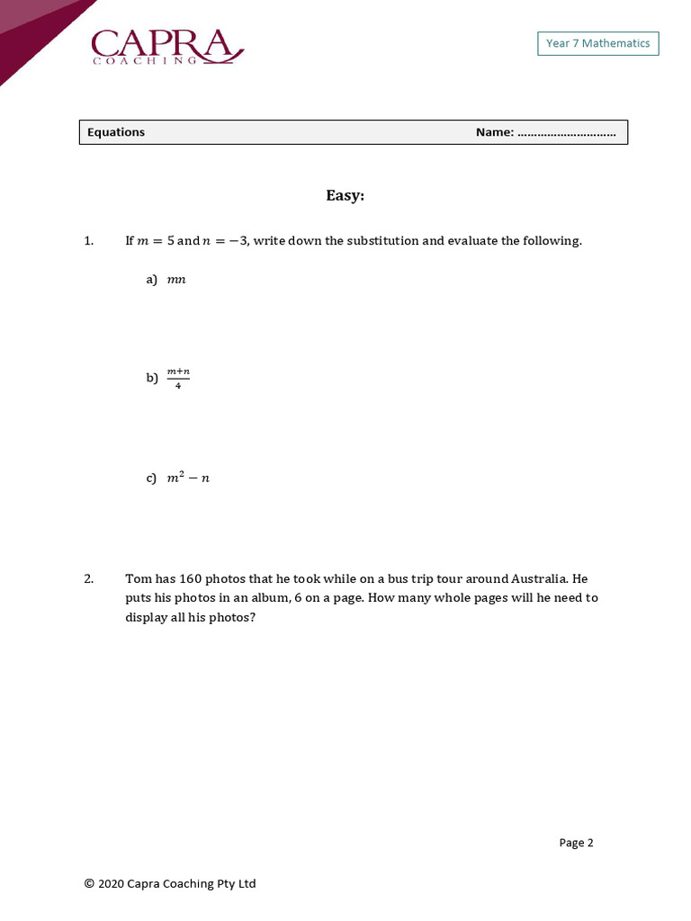 Year 7 Maths Equations Practice | PDF | Equations | Mathematics
