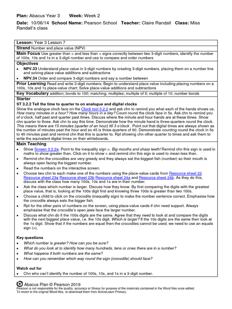 Abacus Year3 Sample Daily Lesson Plan | PDF | Cognition