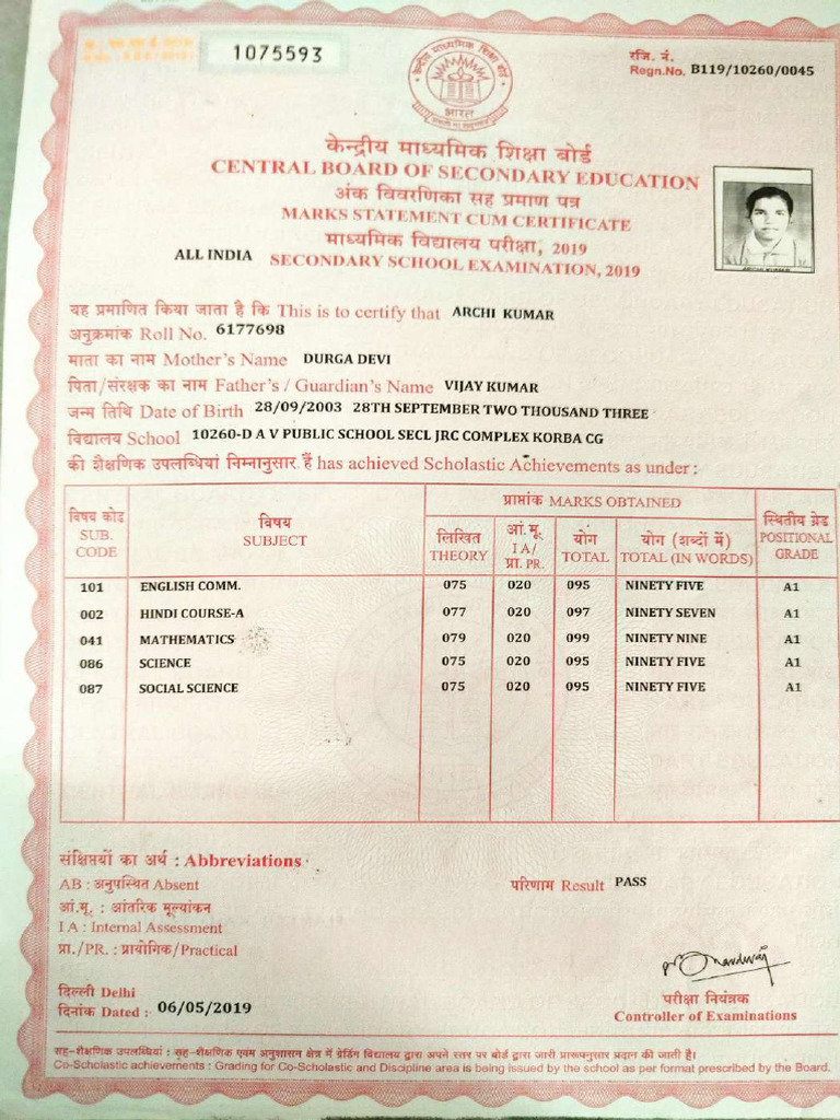 Class 10th Marksheet - Compressed | PDF