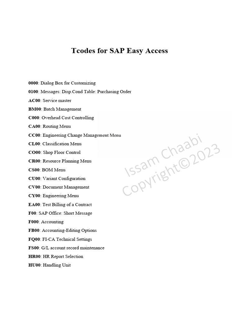 Tcodes For SAP Easy Access | PDF | Sales | Inventory