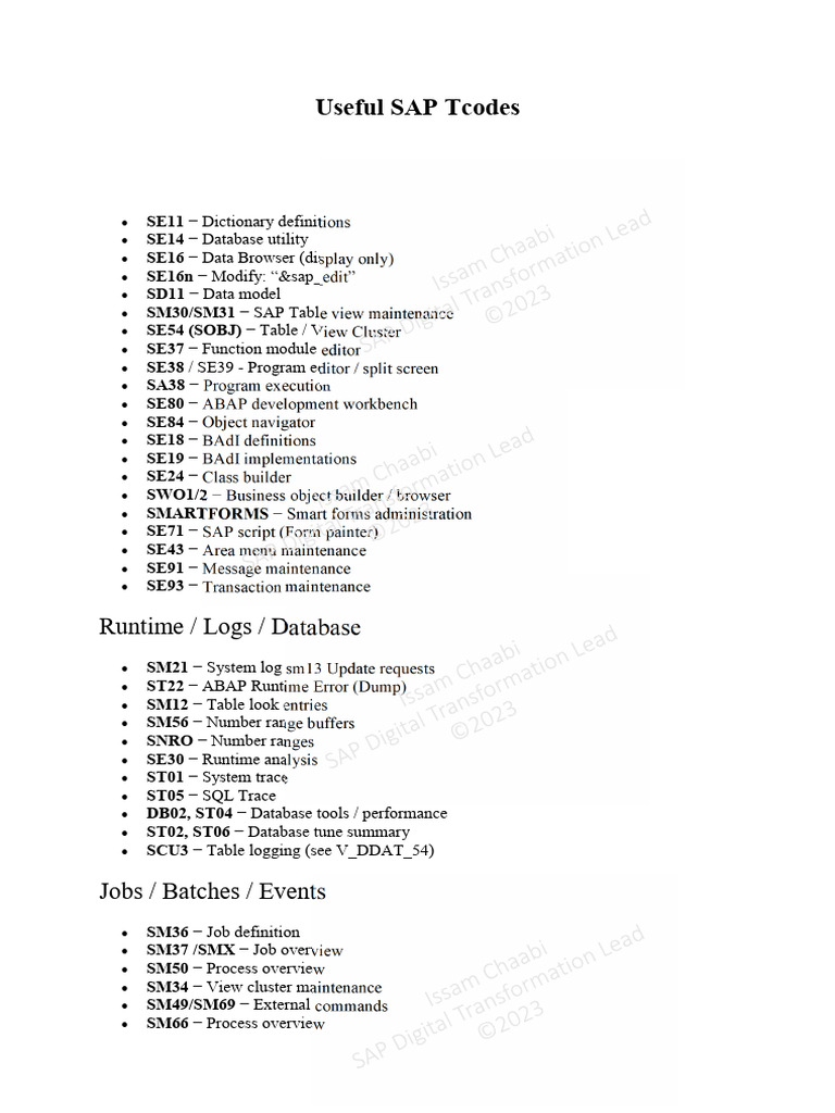 Useful SAP Tcodes | PDF