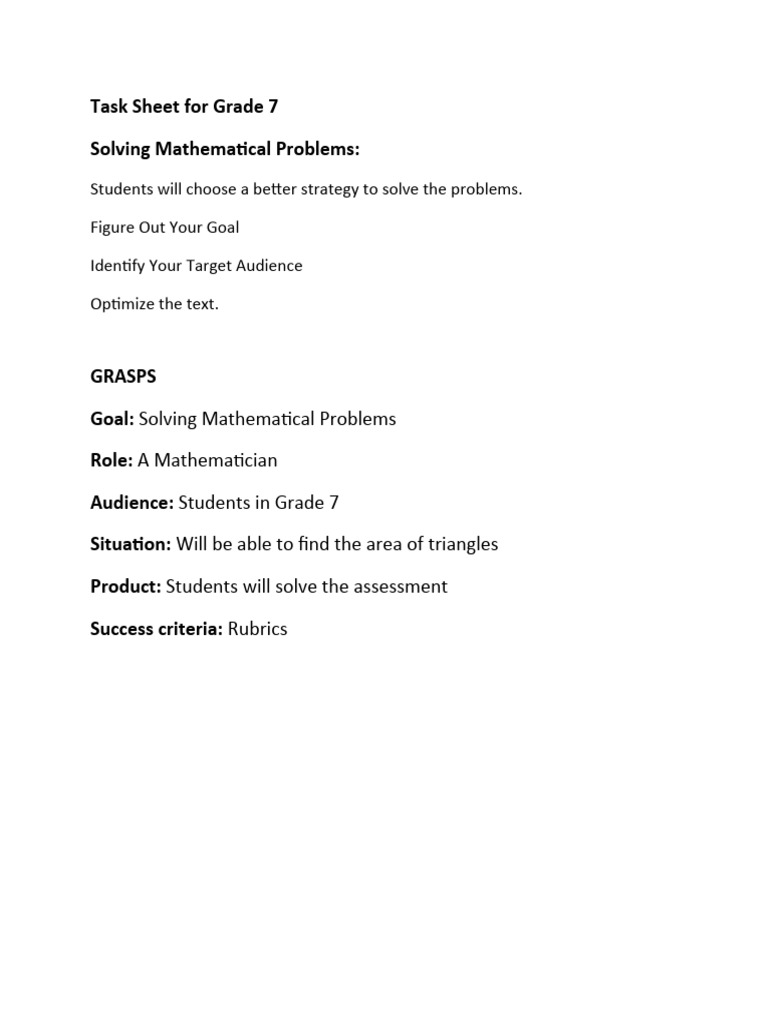 Task Sheet, Rubrics G7 | PDF | Mathematics | Cognitive Psychology