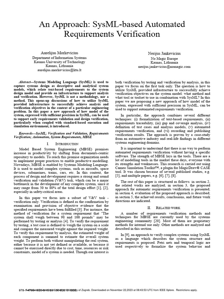 An Approach SysML-based Automated Requirements Verification | PDF | Formal Verification ...