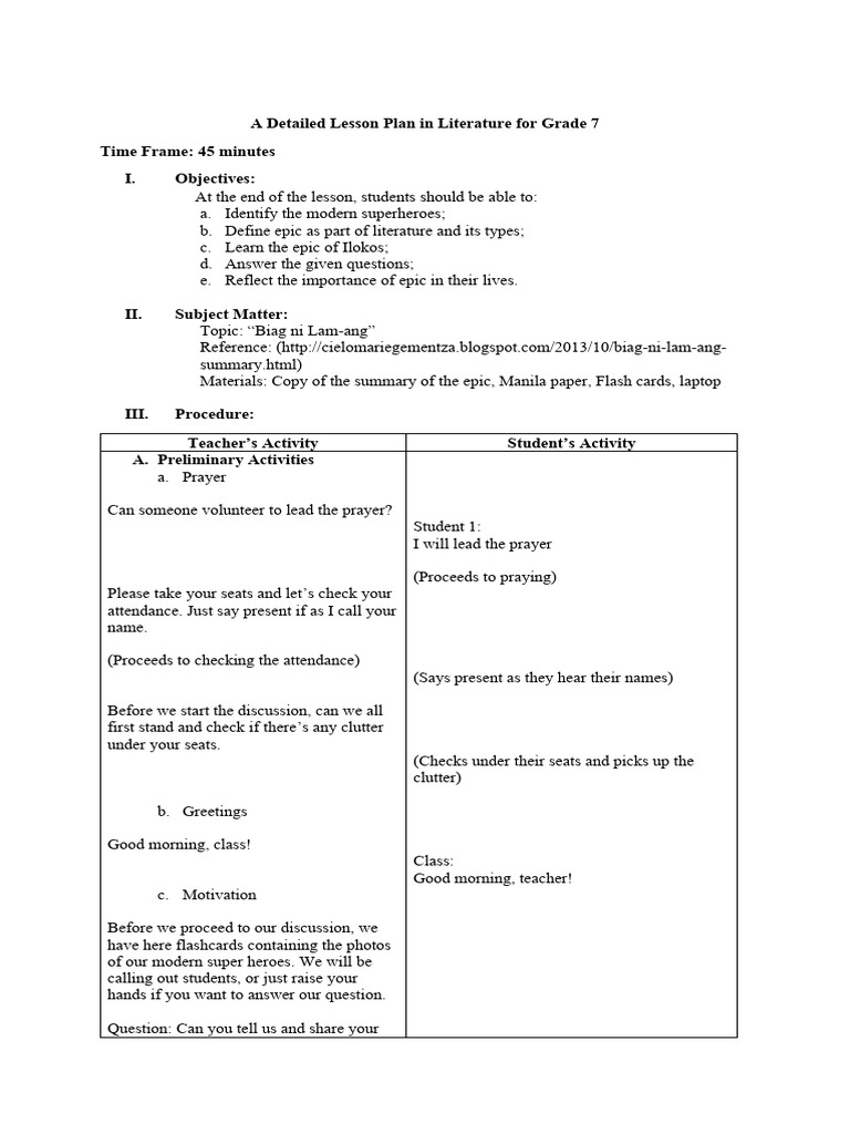 Epic Literature Lesson Plan for Grade 7 | PDF | Hero | Epic Poetry