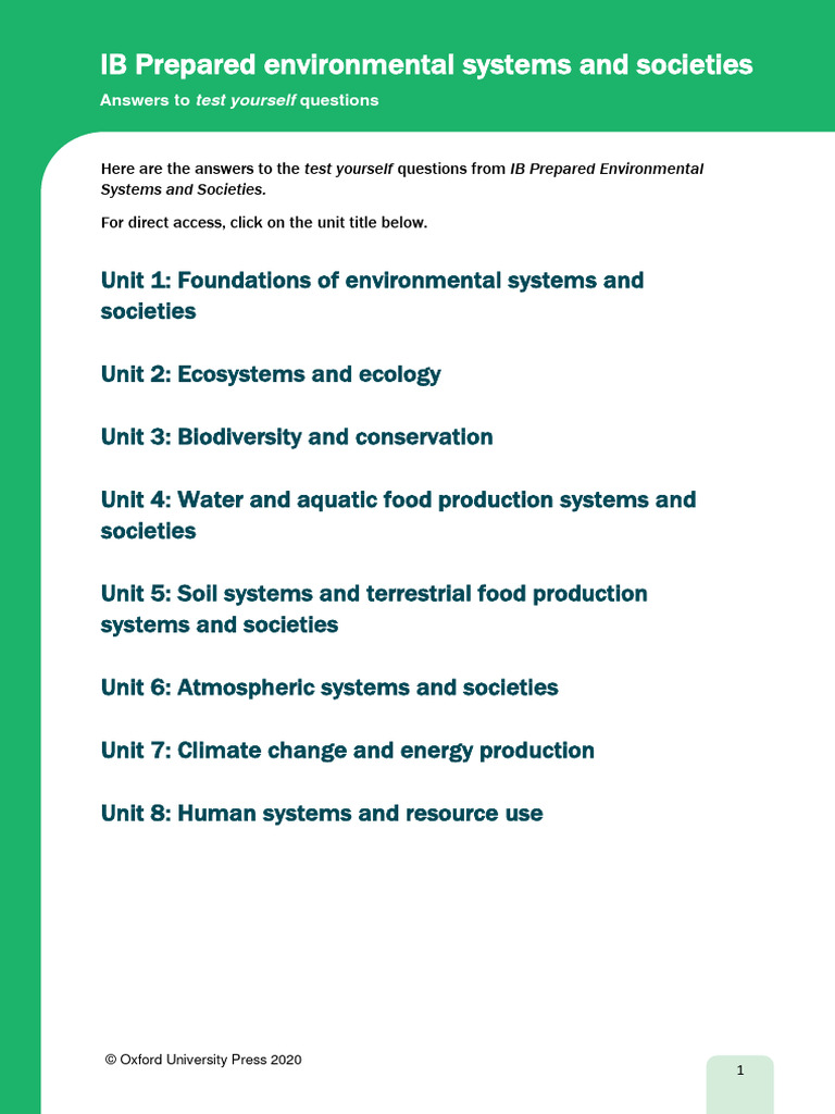 IB ESS Test Yourself Answers: Unit 1 | PDF | Biodiversity | Ecosystem