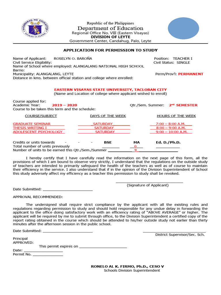 Permit To Study Format | PDF | Teachers | College