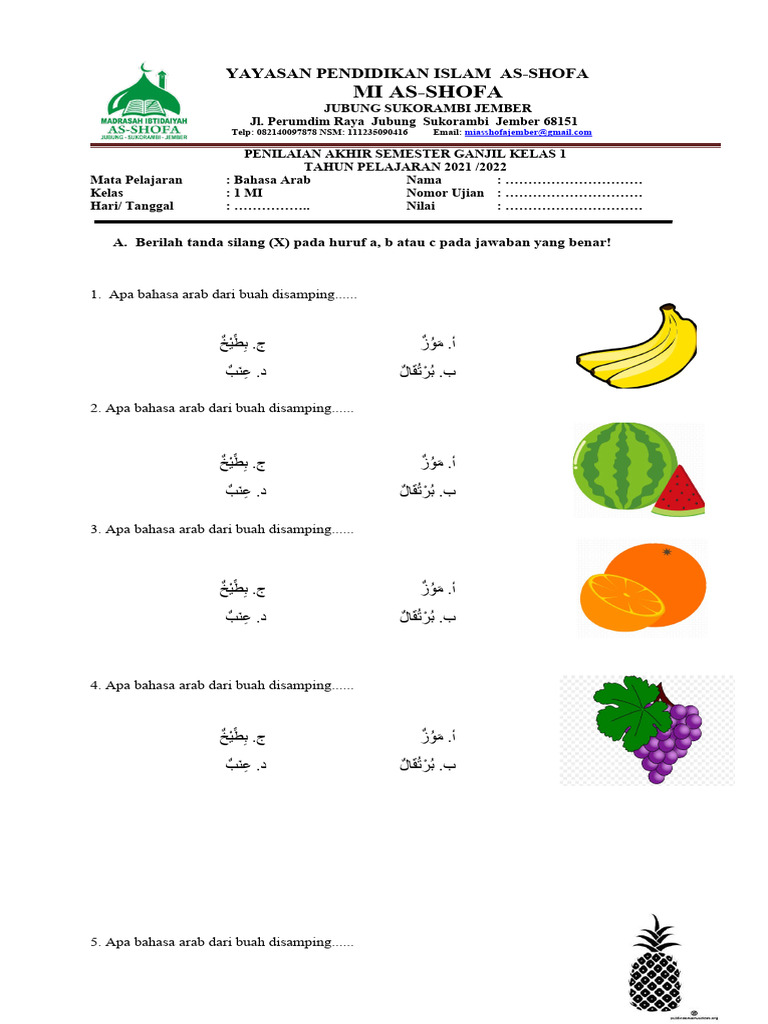 Soal Pas Bahasa Arab Kelas 1 | PDF