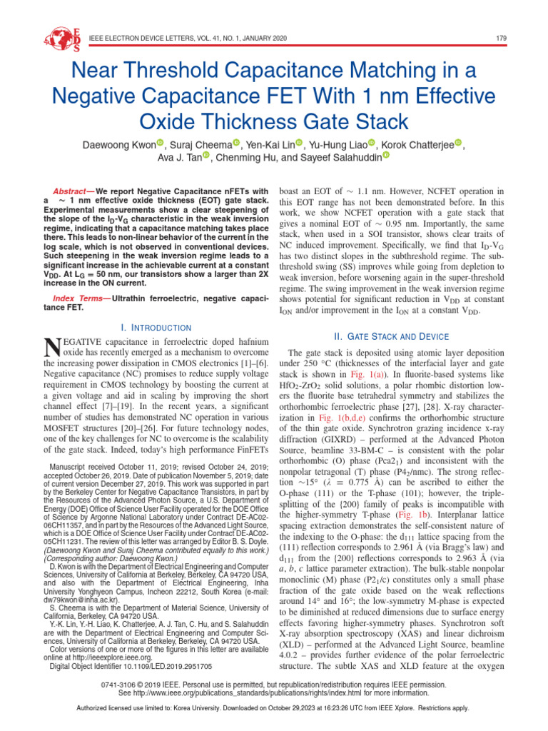 Near Threshold Capacitance Matching in A Negative Capacitance FET With ...